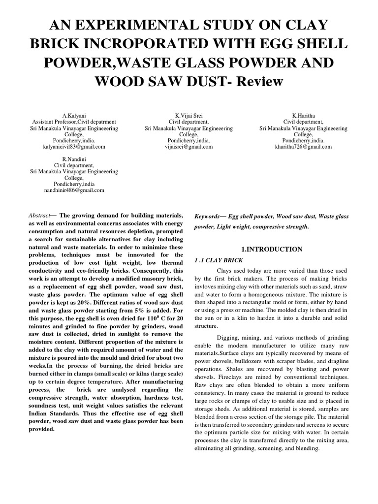 An Experimental Study On Clay Brick Incorporated With Egg Shell Powder ...