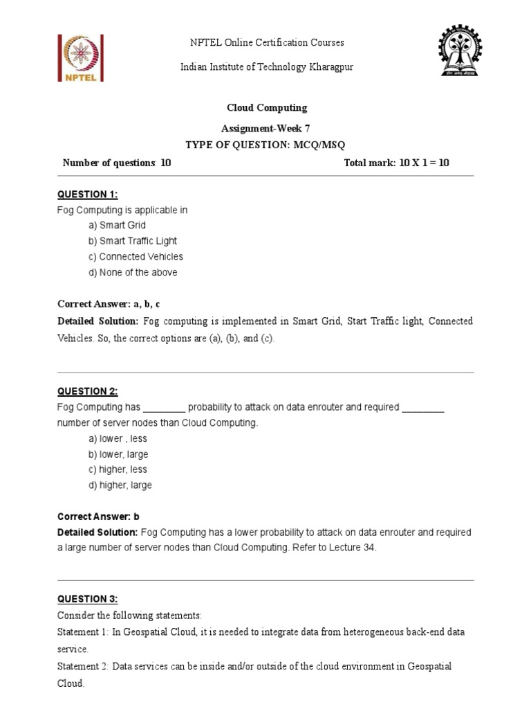 Cloud Computing Assignment-Week 7 Type of Question: MCQ/MSQ Number of Questions: 10 Total Mark ...