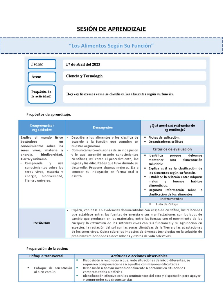 Sesión Alimentos 3ro | PDF | Aprendizaje | Alimentos