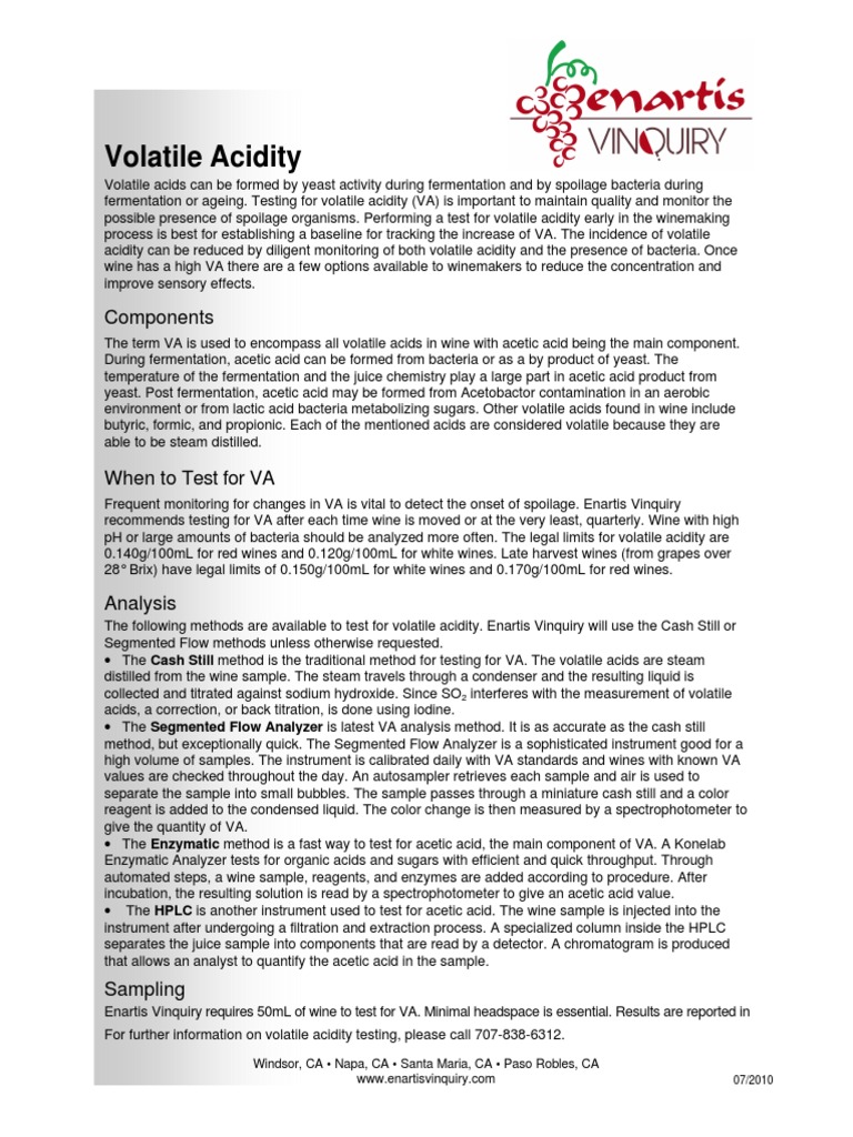 Volatile Acidity - Tech Sheet-VA | PDF | Winemaking | Fermentation