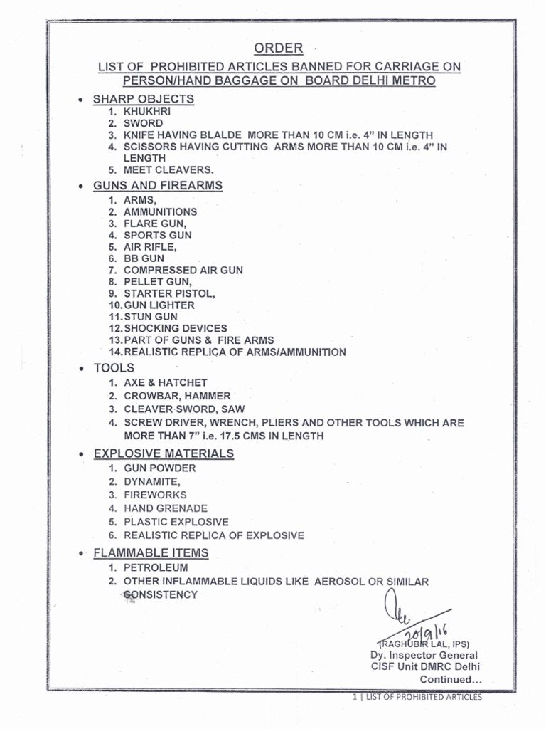 Prohibited Items ORDER by CISF 25 June 2021 | PDF