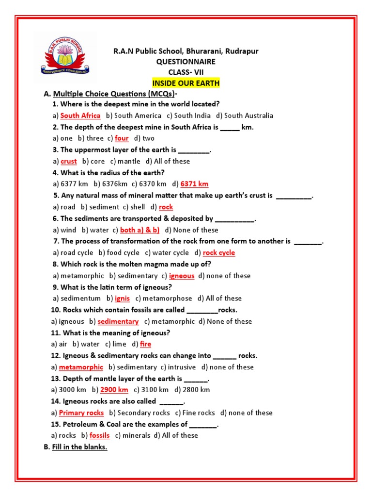 R.A.N Public School, Bhurarani, Rudrapur Questionnaire Class-Vii Inside ...