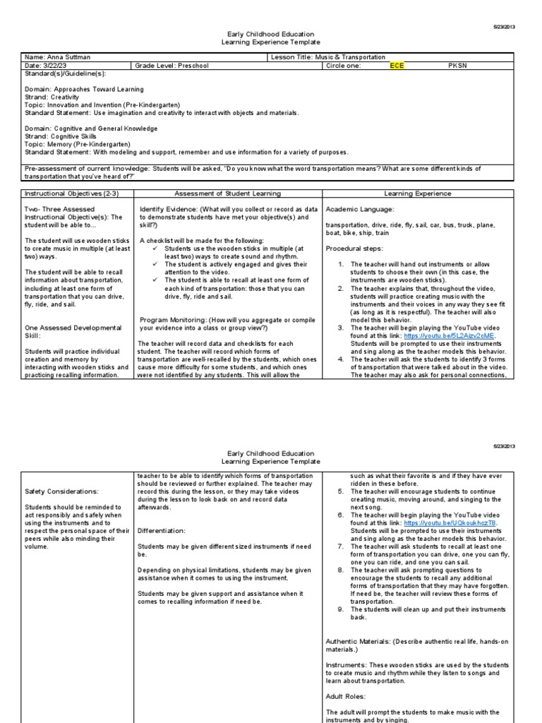 Lesson Plan 317 - Music With Transportation | PDF | Learning | Teachers