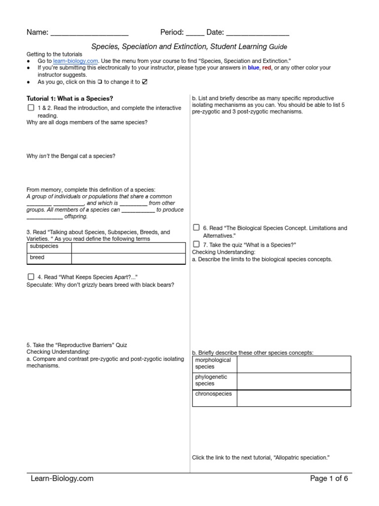 TOPIC 7.10-7.12, Species, Speciation, and Extinction Student Learning ...