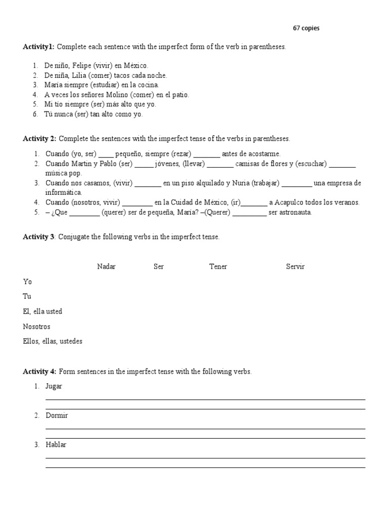 Imperfect Tense Activities | PDF