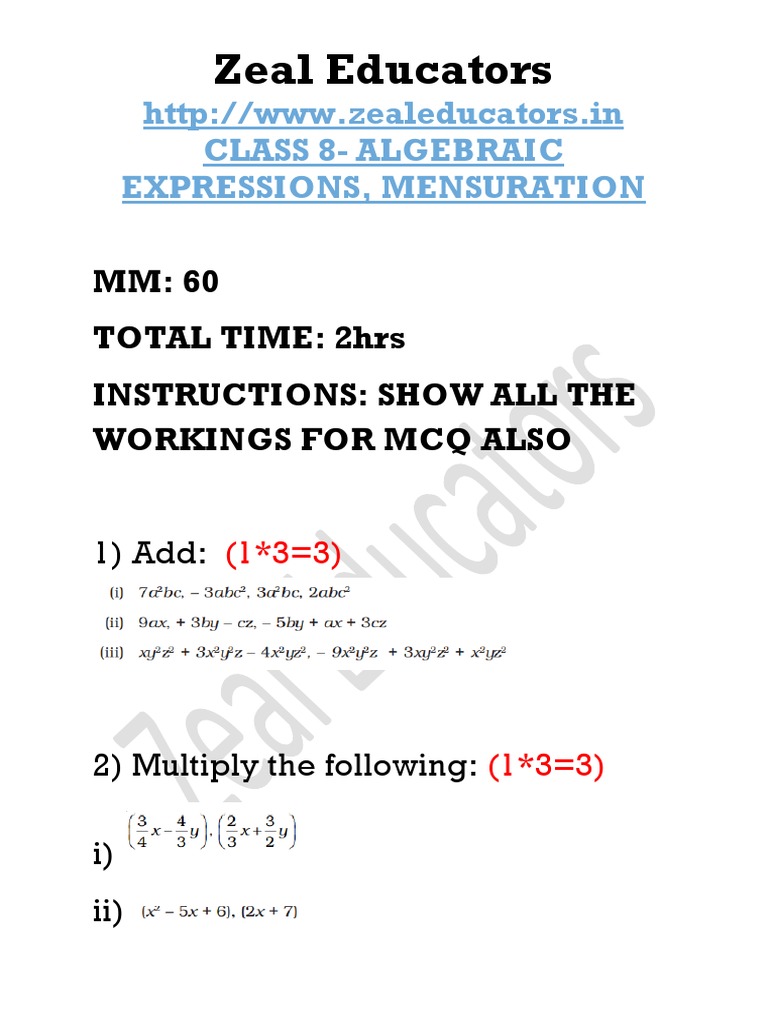 Algebraic Expressions, Mensuration QP | PDF | Area | Volume
