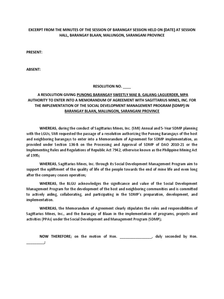 Barangay Session Minutes Approve Agreement for Community Development ...
