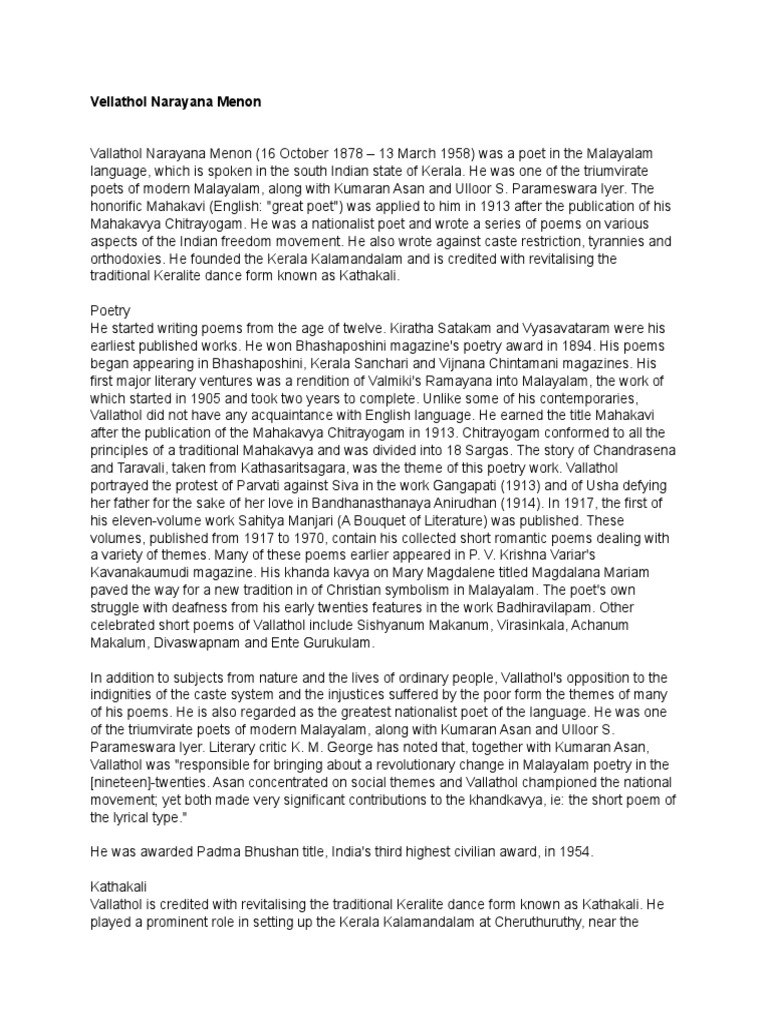 Vallathol Narayana Menon: Life & Legacy | PDF