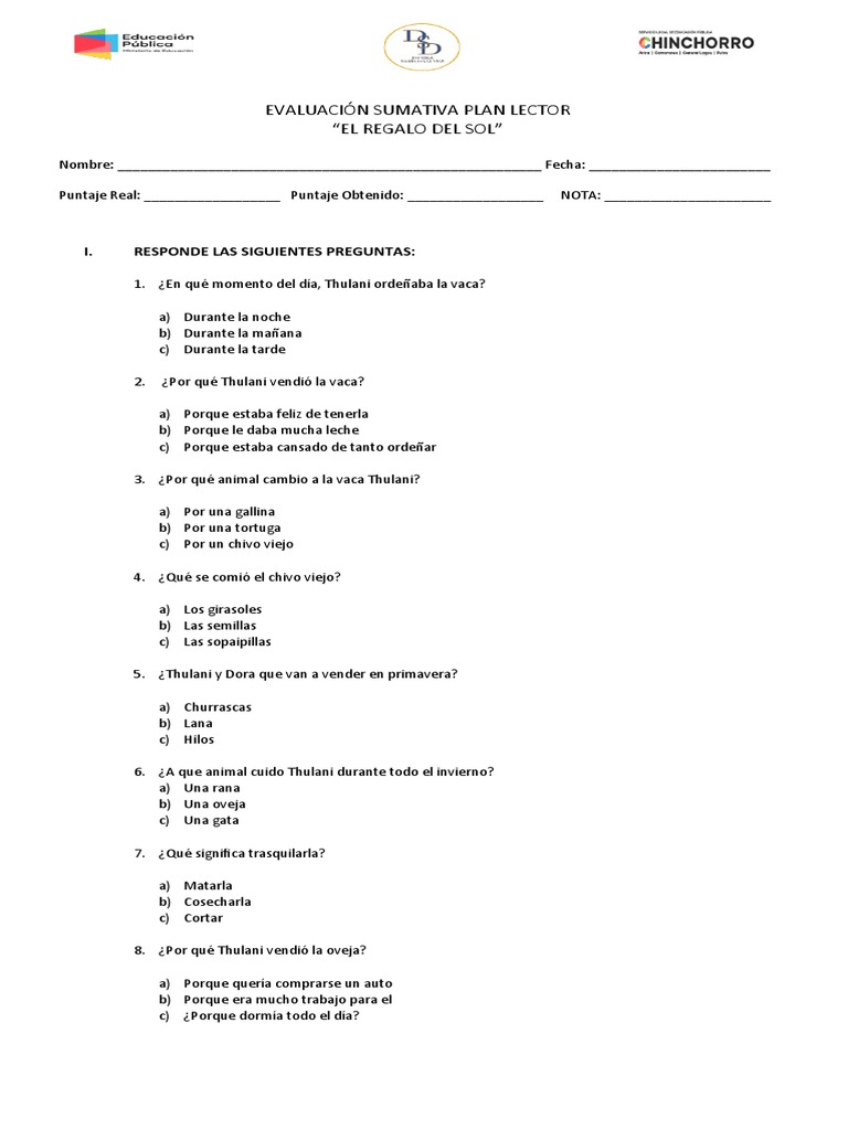 Evaluación Sumativa Plan Lector 1 | PDF