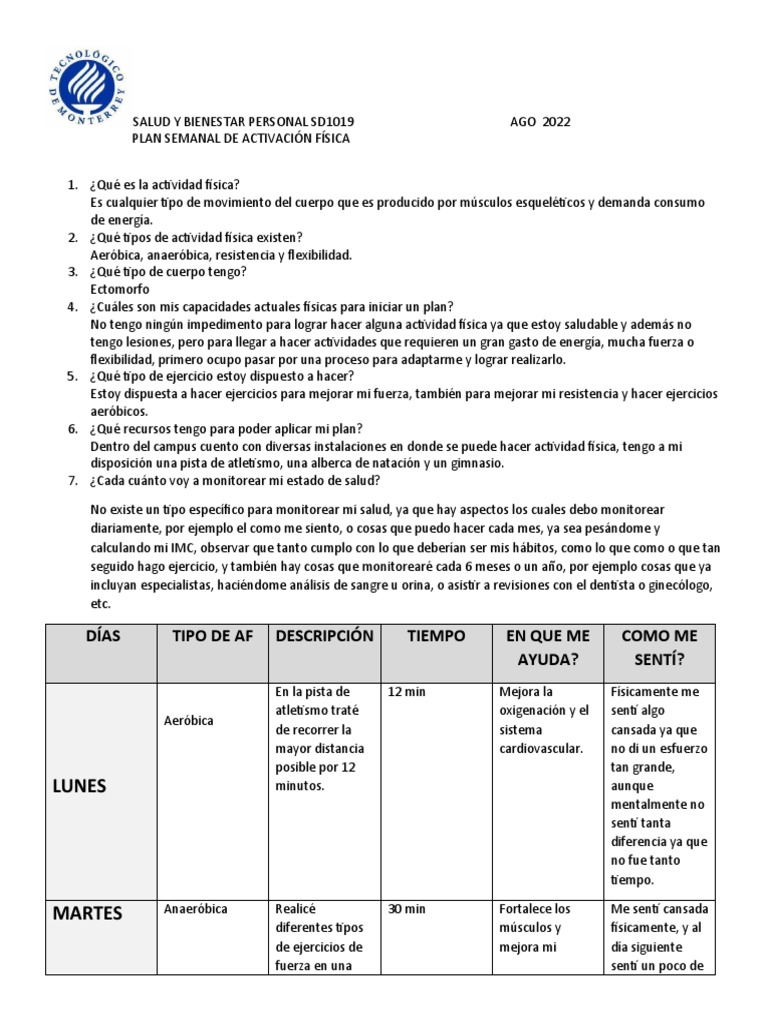 Programa de Actividad Fisica Semanal | PDF | Ejercicio aerobico | Sistema circulatorio