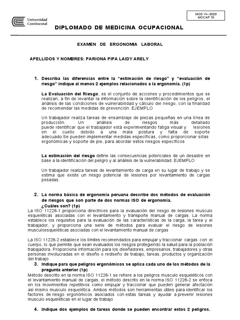 Final Examen ERGONOMIA LABORAL 2023 | PDF | Factores humanos y ergonomía