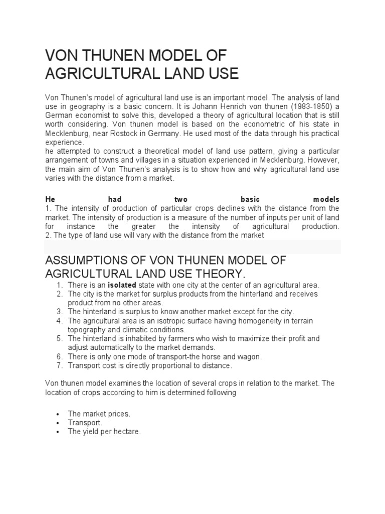 Assumptions of Von Thunen Model of Agricultural Land Use Theory | PDF | Agriculture | Crop Rotation