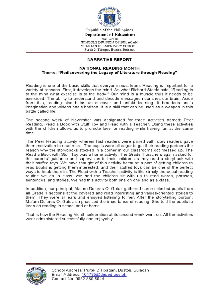 2ND Week - Narrative Report On National Reading Month | PDF | Teachers ...