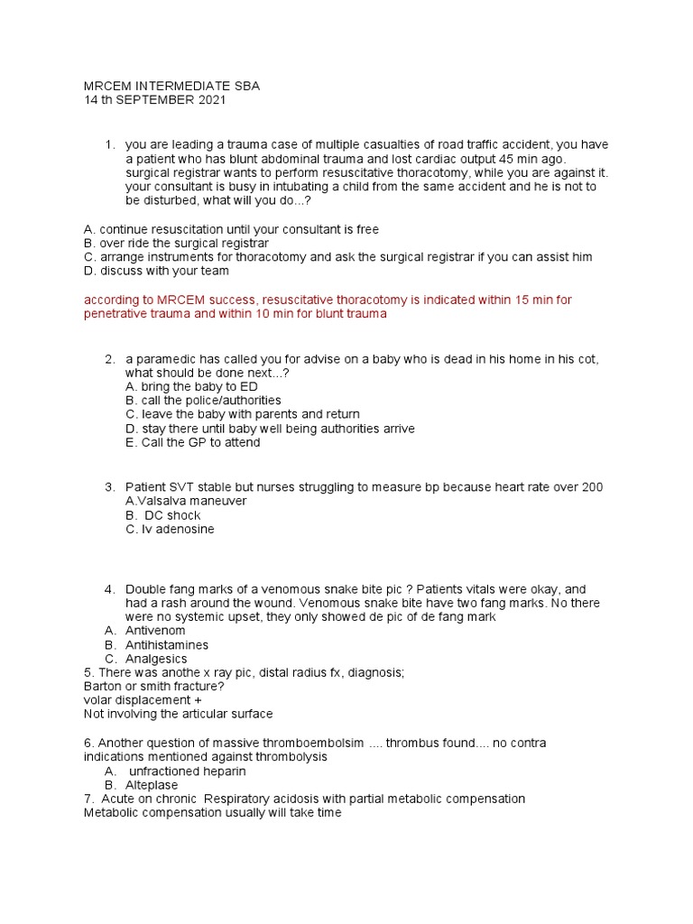 Mrcem Sba | PDF | Injury | Cardiopulmonary Resuscitation