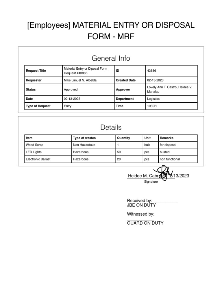 Material Entry or Disposal Form MRF | PDF