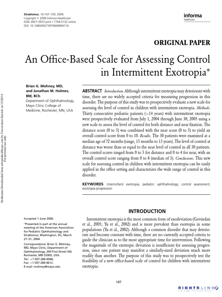 Mohney and Holmes' Intermittent Exotropia Control Scoring | PDF ...