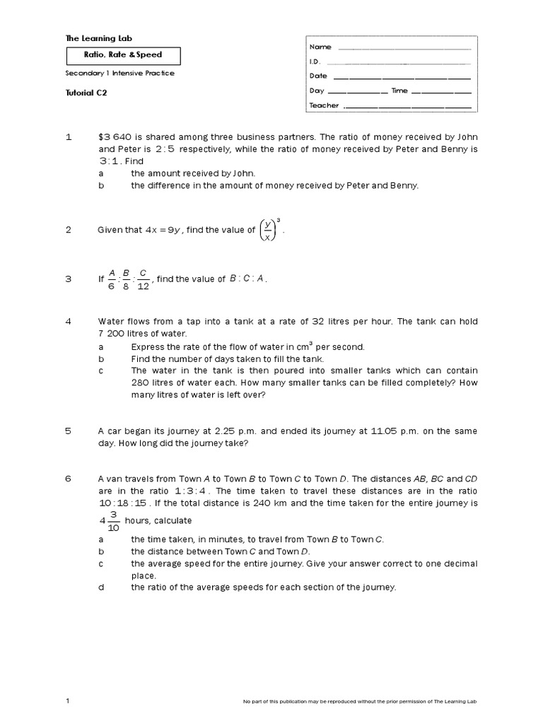 Y X X Y: The Learning Lab Ratio, Rate & Speed | PDF | Speed | Ratio