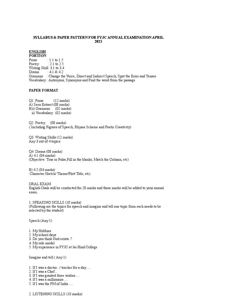 FYJC Annual Exam 2023 | PDF