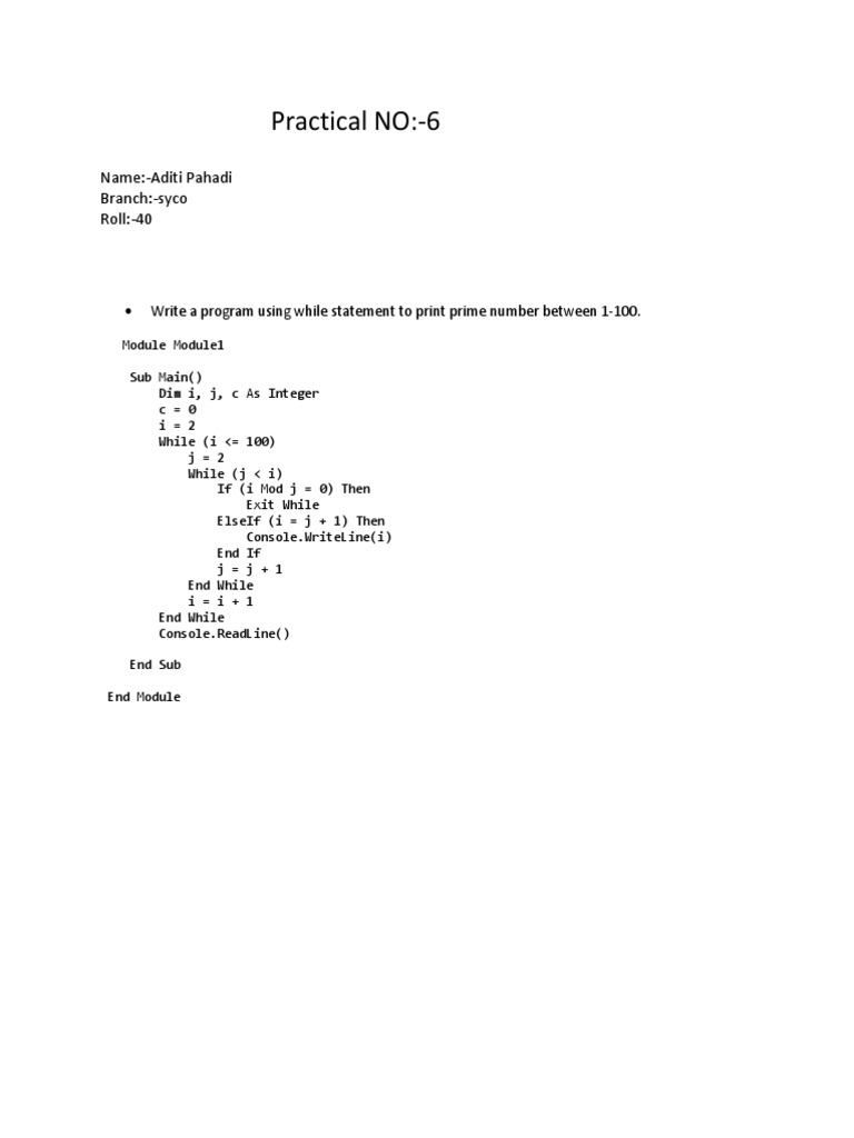 Practical NO:-6: Name:-Aditi Pahadi Branch:-Syco Roll:-40 | PDF