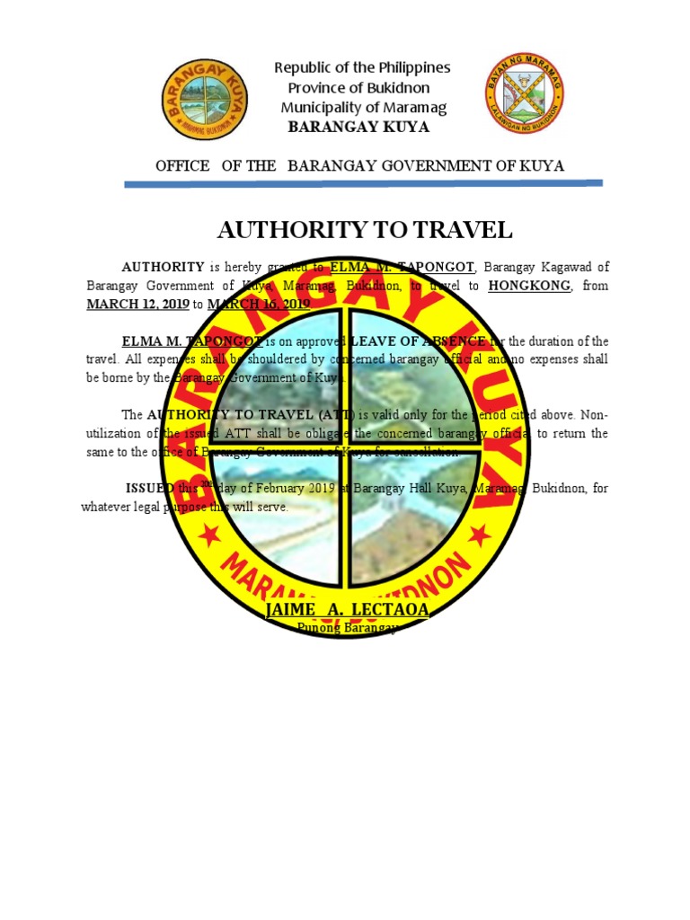 Travel Authority for Barangay Kagawad | PDF