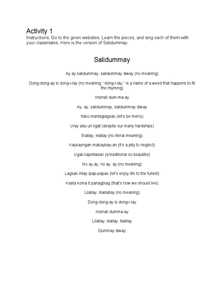 "Sing and Learn: Salidummay Activity" | PDF | Language Arts ...