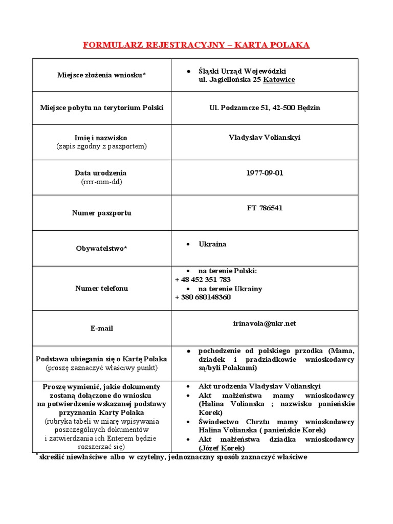 Formularz Rejestracyjny - Karta Polaka-1 - WERSJA POSZERZONA | PDF