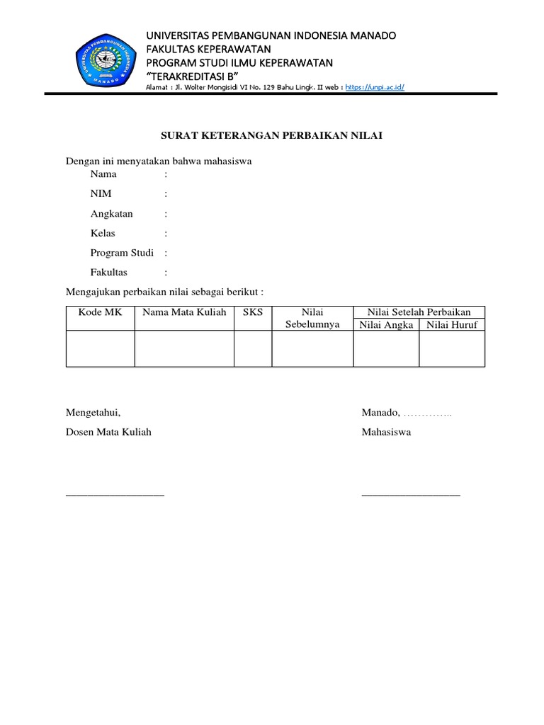Surat Perbaikan Nilai Mahasiswa Keperawatan | PDF