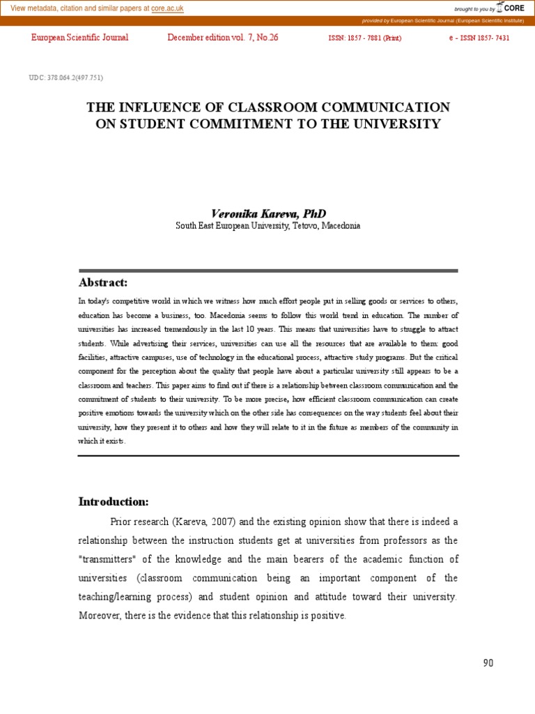The Influence of Classroom Communication On Student Commitment To The University | PDF ...