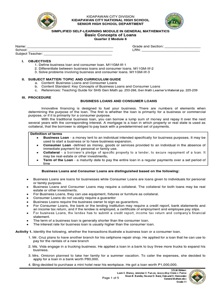 SSLM in GenMath For G11 Q2 Module 6 | PDF | Loans | Mortgage Loan SSLM in GenMath For G11 Q2 Module 6 | PDF | Loans | Mortgage Loan