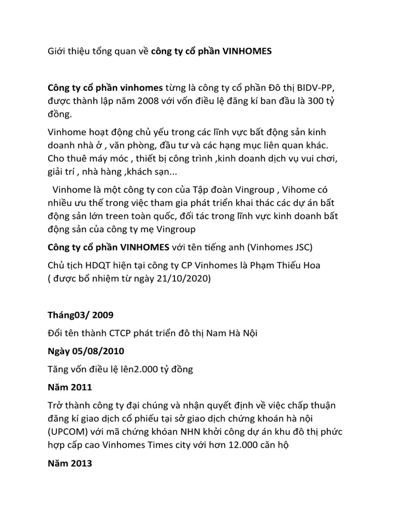 Giới thiệu tổng quan về công ty cổng phần VINHOMES | PDF