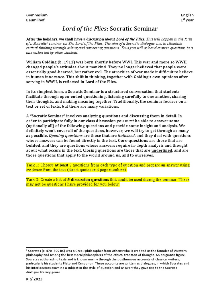 Socratic Seminar - Lord of The Flies | PDF | Socrates