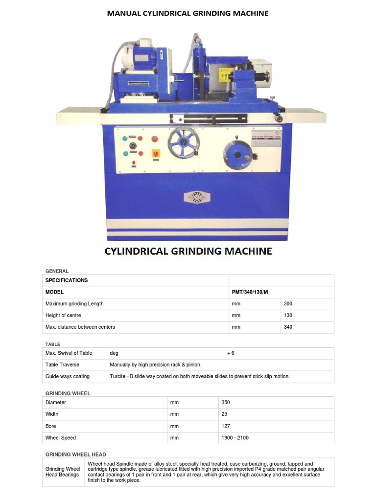 Manual Cylindrical Grinding Machine Specs | PDF | Technology & Engineering