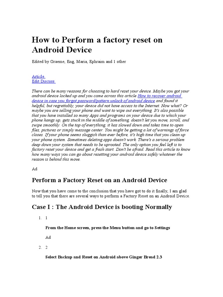How To Perform A Factory Reset On Android Device | PDF | Android (Operating System) | Booting