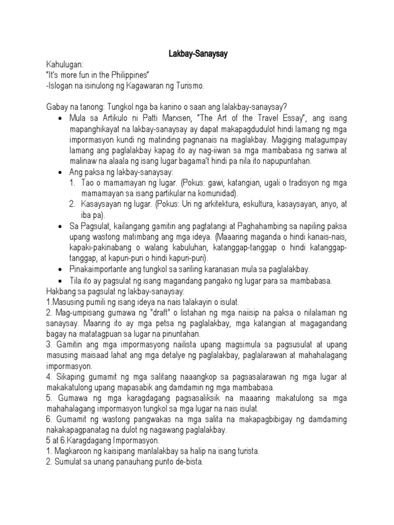 Lakbay Sanaysay Kahulugan at Hakbang Sa Pagsulat NG Lakbay Sanaysay | PDF