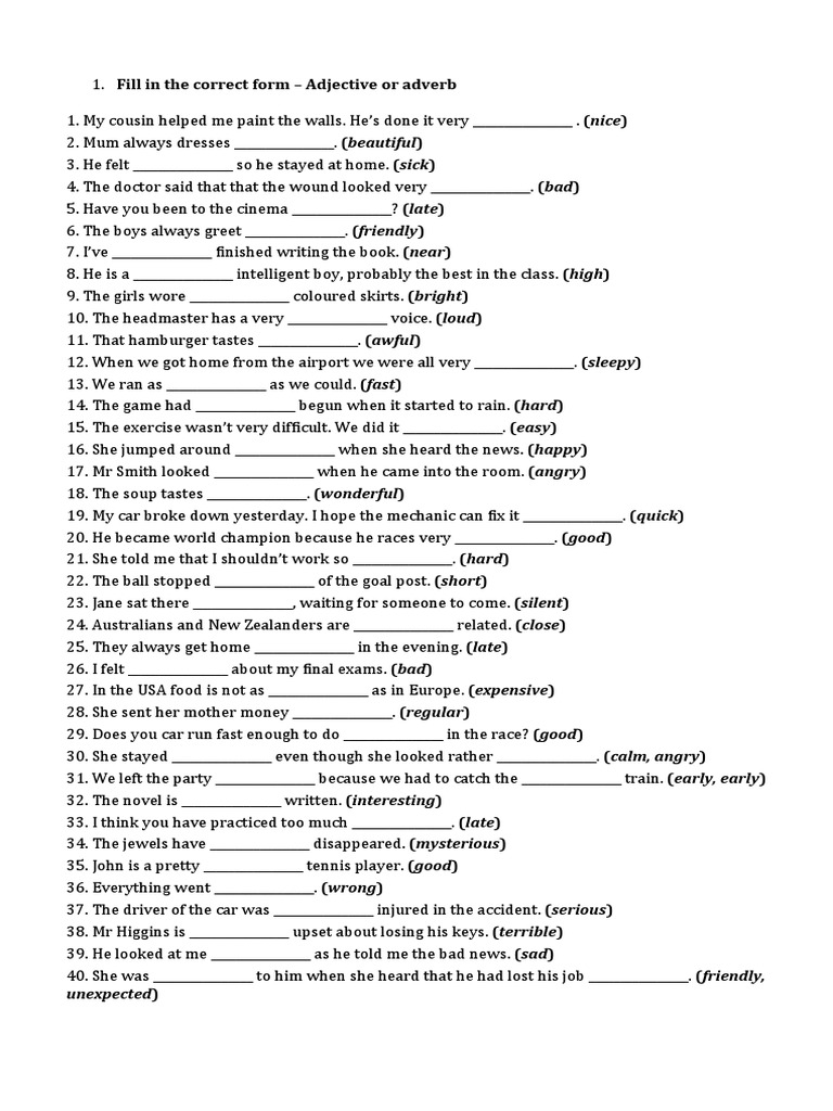 Fill in the correct form adjective or adverb | PDF