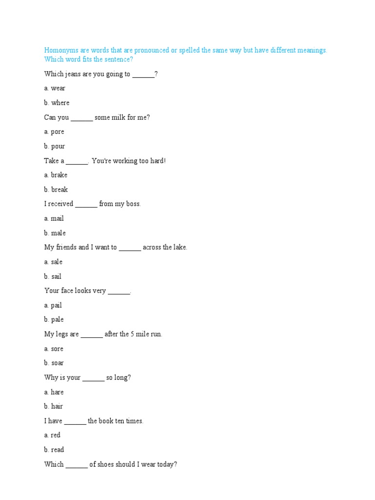 Homonyms Exercises | PDF