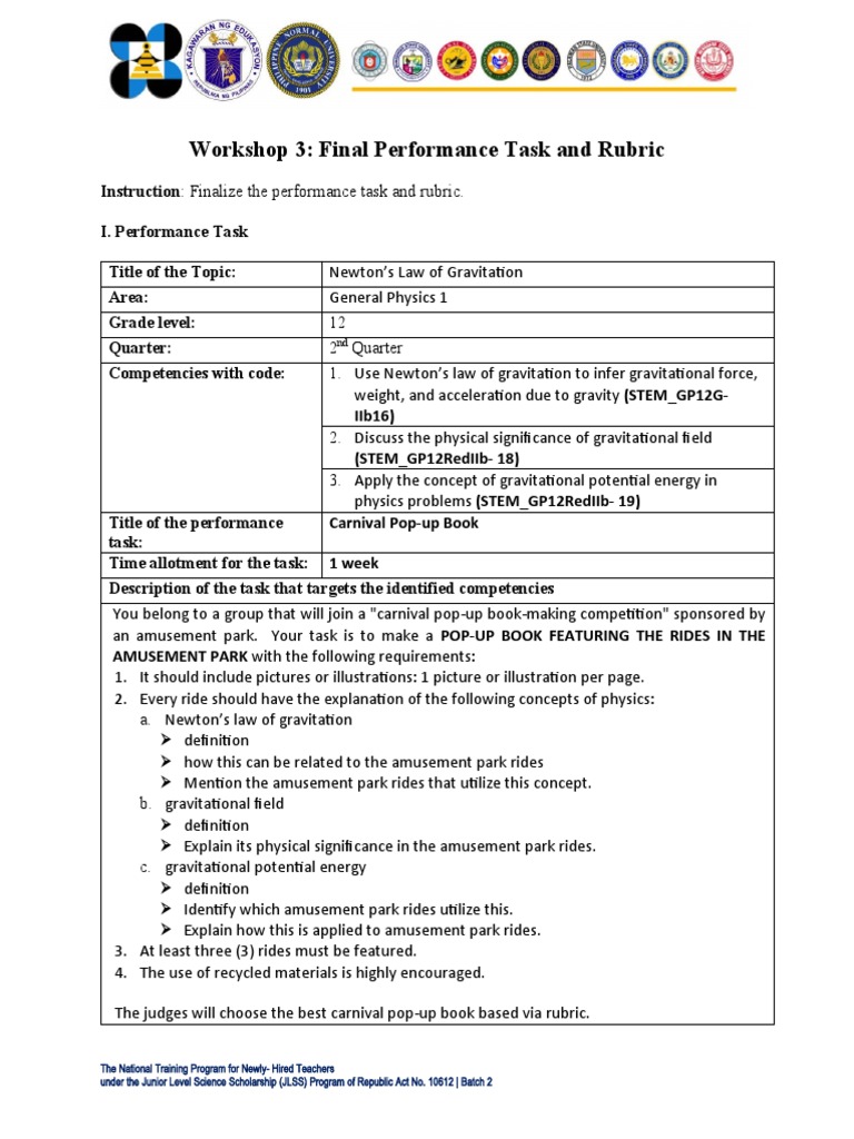 Workshop 3: Final Performance Task and Rubric | PDF | Gravity | Physics