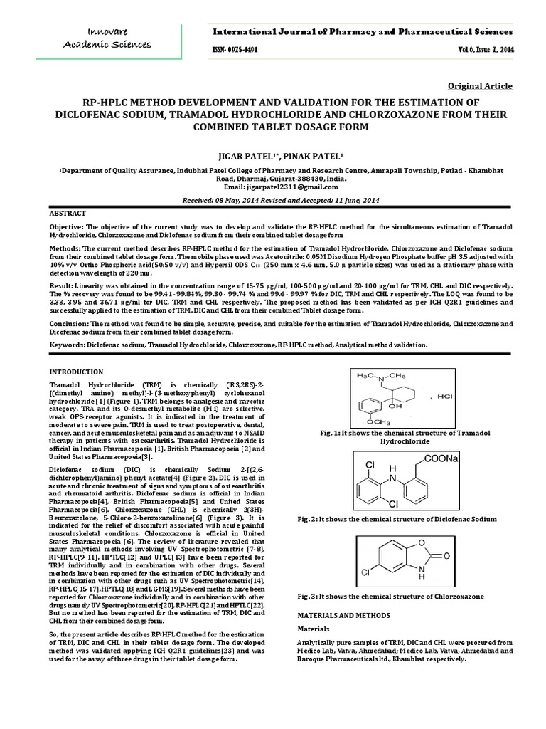 RP-HPLC Method Development and Validation For The Estimation of Diclofenac Sodium, Tramadol ...