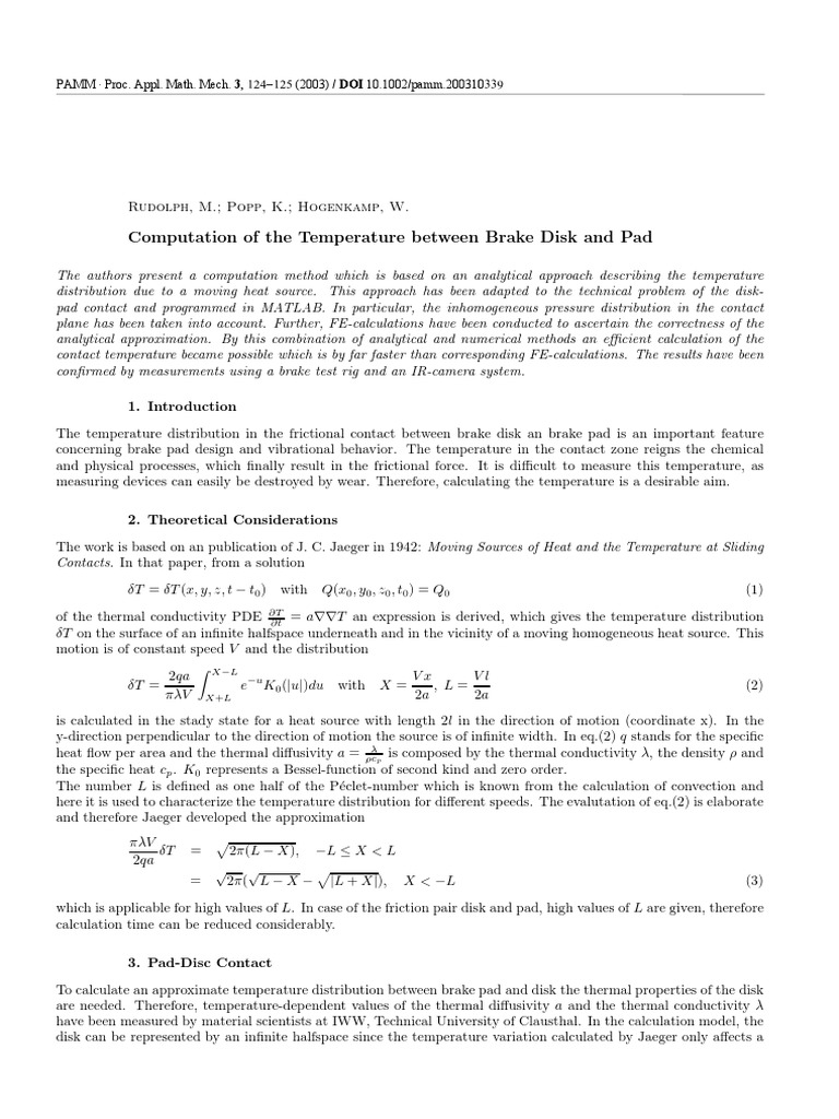 Computation of the Temperature between Brake Disk and Pad | PDF ...