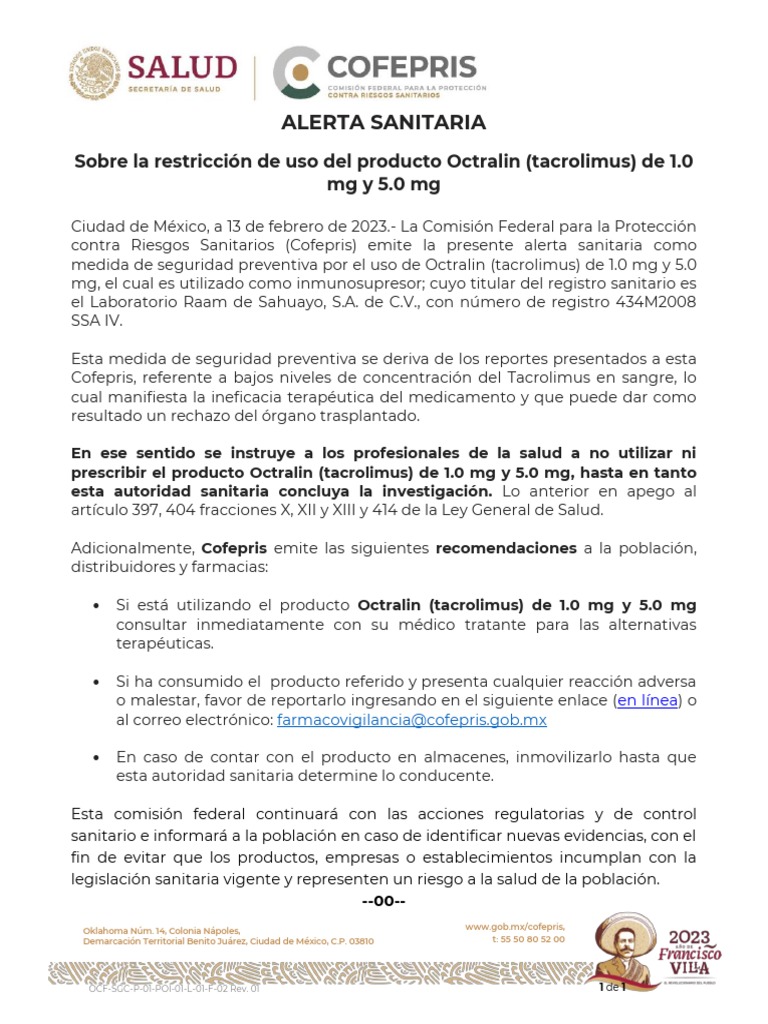 Alerta Sanitaria Tacrolimus 13022023 | PDF | Medicina | Cuidado de la salud