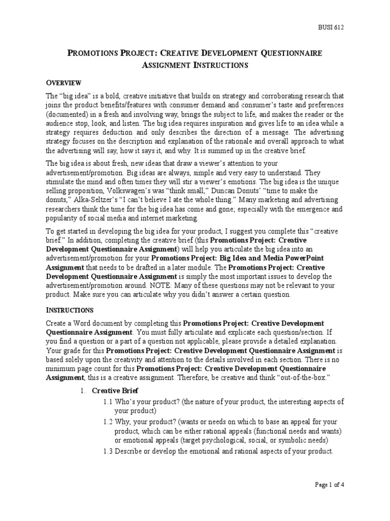 Promotions Project Creative Development Questionnaire Assignment ...