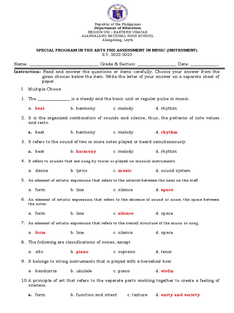 Pretest For Grade 7 Music Intrument 2023 Key Answer | PDF | Rhythm ...