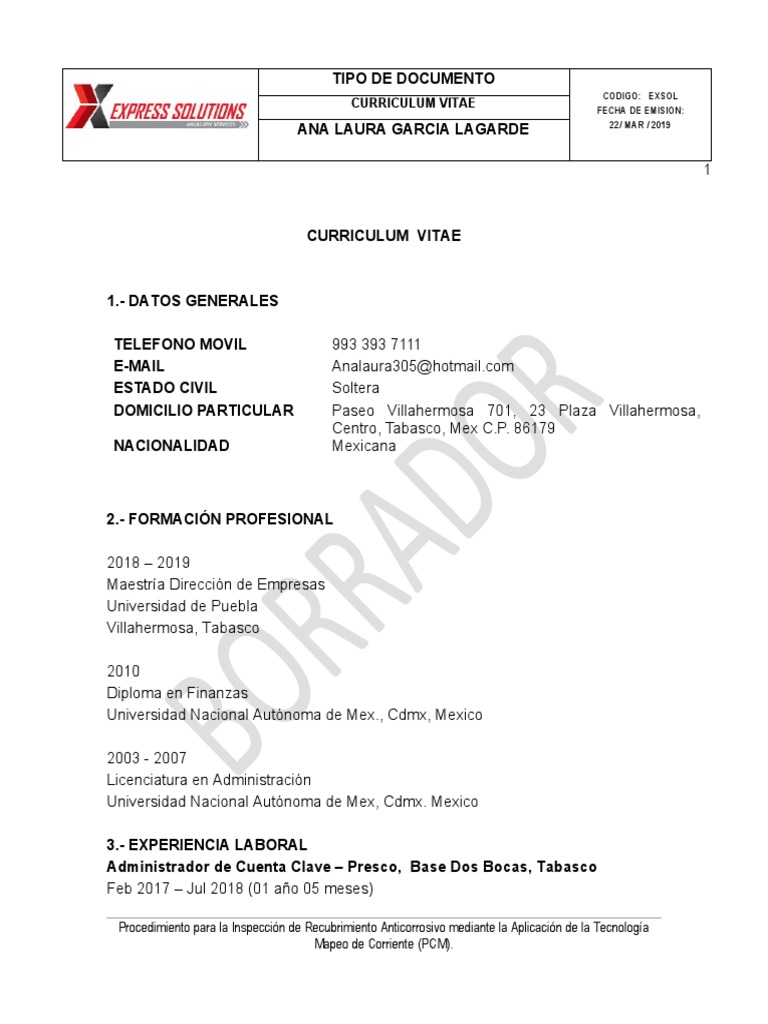Perfil profesional: Curriculum vitae de Ana Laura García Lagarde | PDF ...