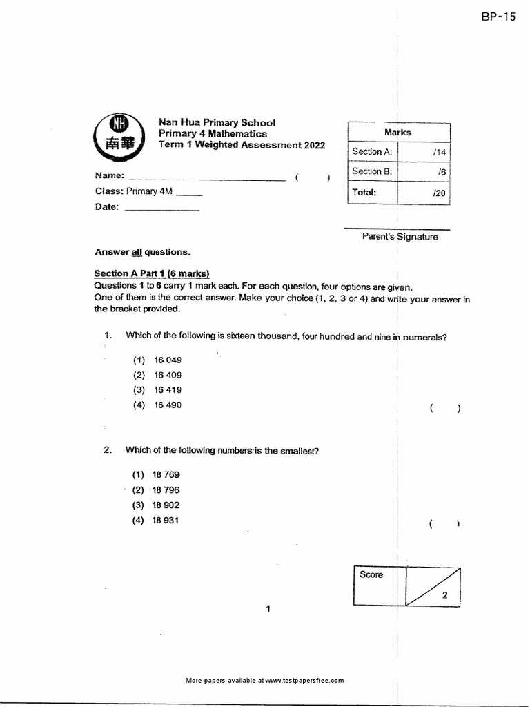 P4 Maths 2022 WA1 Nanhua | PDF