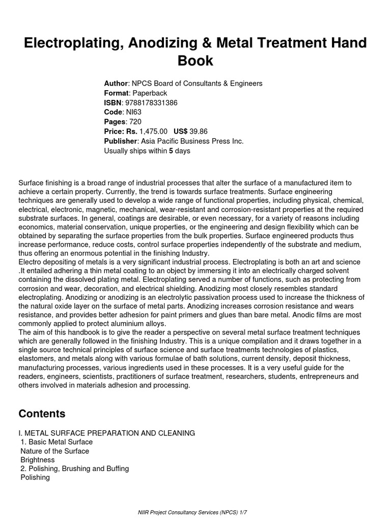 Niir Electroplating Anodizing Metal Treatment Hand Book | PDF | Corrosion | Metals