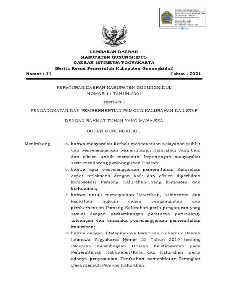 Perda Kabupaten Gunungkidul No 11 Tahun 2021 | PDF