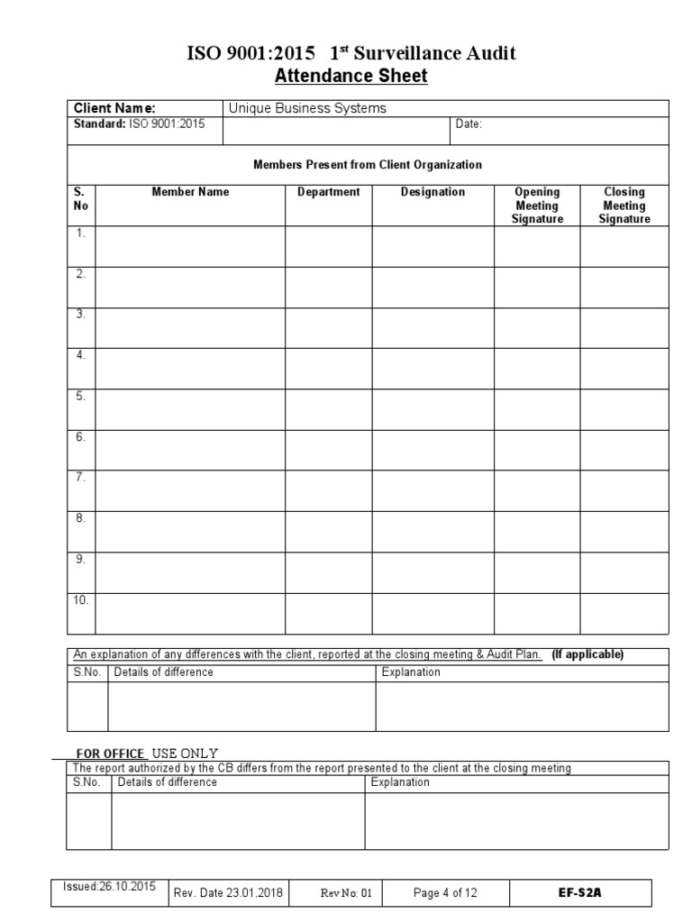 ISO 9001-2015 Audit Attendance Sheet | PDF