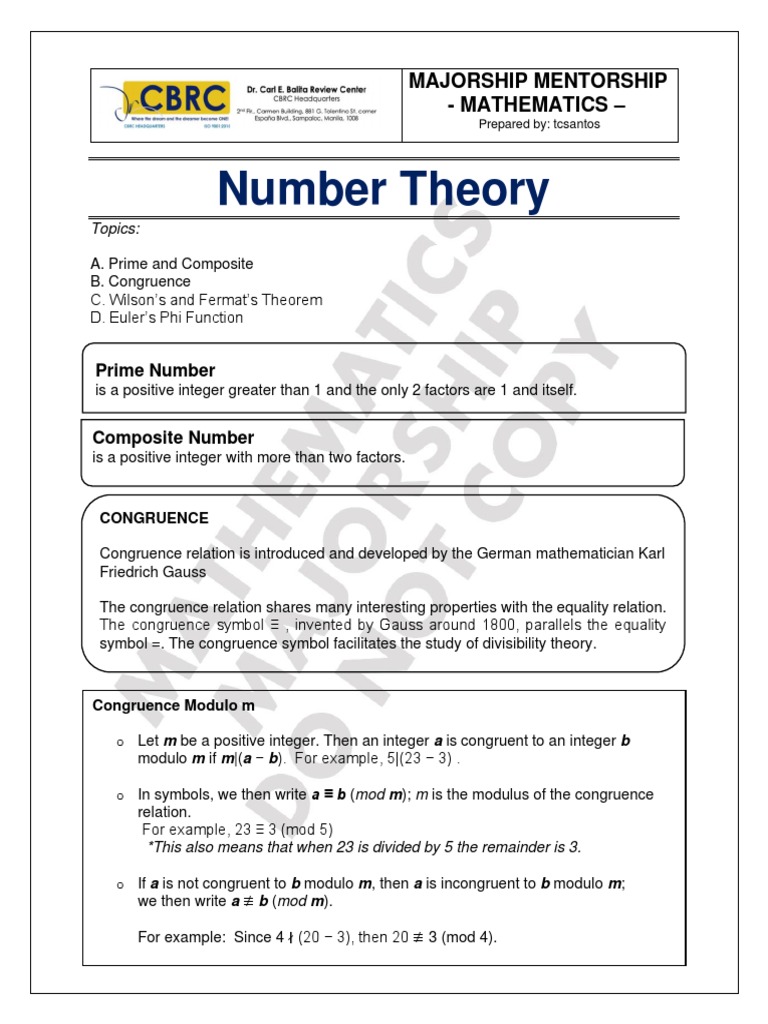 NUMBER THEORY Handout | PDF