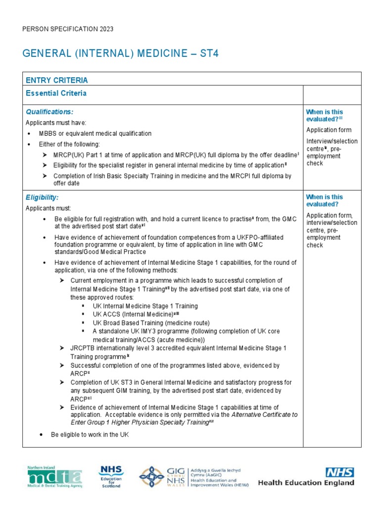 General (Internal) Medicine - St4: Entry Criteria Essential Criteria ...