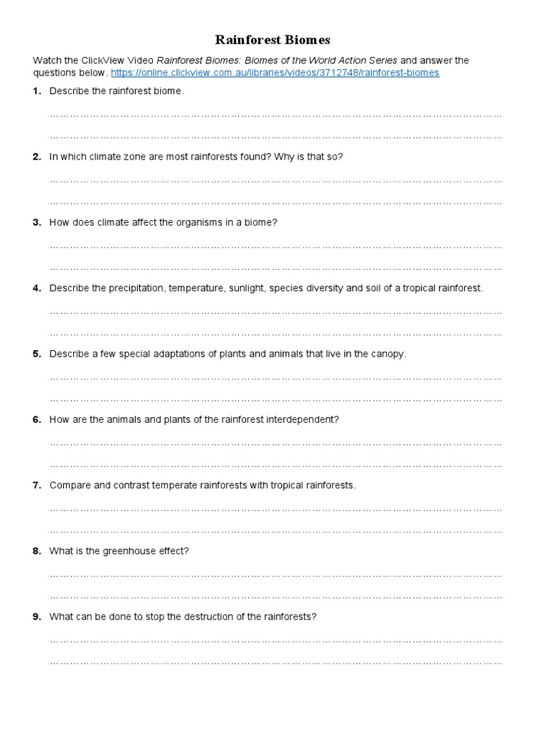 Rainforest Biomes Viewing Sheet Year 9 Geography | PDF